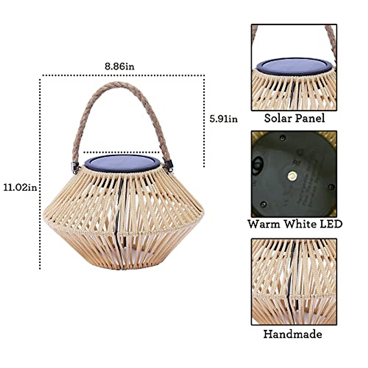 Outdoor Hanging Solar Lantern , 2 Pack Handmade Woven Lamp with Rope Handle Waterproof Table Light Home Decor for Backyard Balcony Patio Garden, Natural