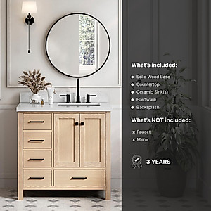 ARIEL Cambridge 37 Inch Oak Bathroom Vanity with Sink, Italian Carrara Marble Countertop 1.5 inch Edge and backsplash, Soft Closing Door and Drawer, Matte Black