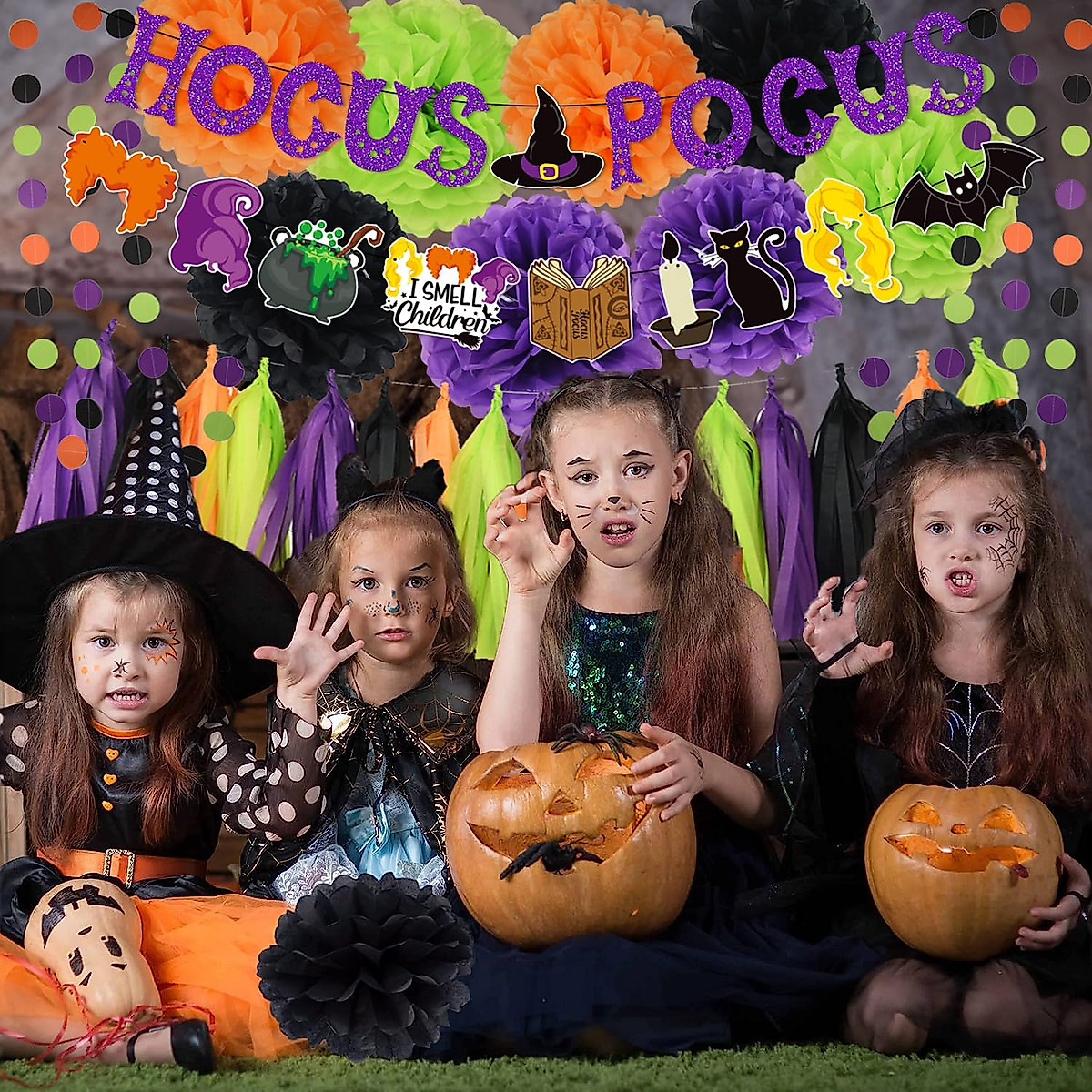 Halloween Party Decorations - Hocus Pocus Themed Trunk Or Treat Car Decorations Kit for SUV Hocus Pocus Spell Book Cat Witches Stisters Banner Orange Black Purple Green Tissue Paper Pom Pom