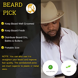 Black Beard Brigade by Yulaw Naturals Premium 100% Sandalwood Beard Pick - Natural Wood Styling Tool for Thick, Coarse, Curly Hair - Non-Static Long Tooth Detangling Comb for Beard & Mustache