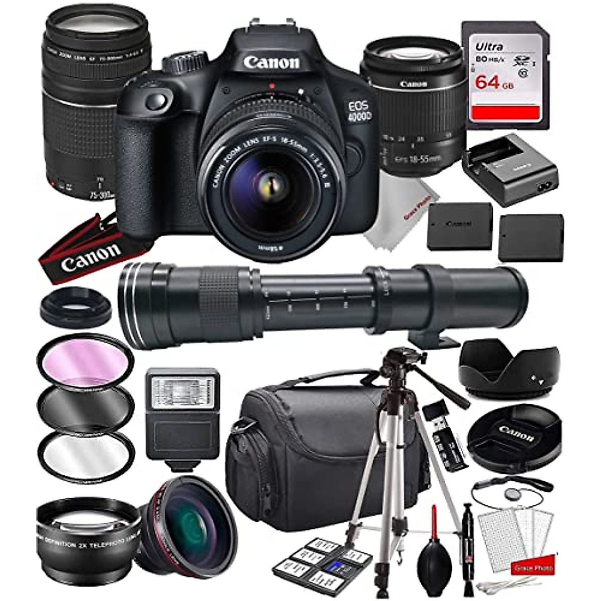 4000D (Rebel T100) DSLR Camera with 18-55mm f/3.5-5.6 III Zoom Lens & 75-300mm III Lens Bundle + 420-800mm Zoom Telephoto Lens + 64GB Memory, Case, Tripod, Extra Battery and More