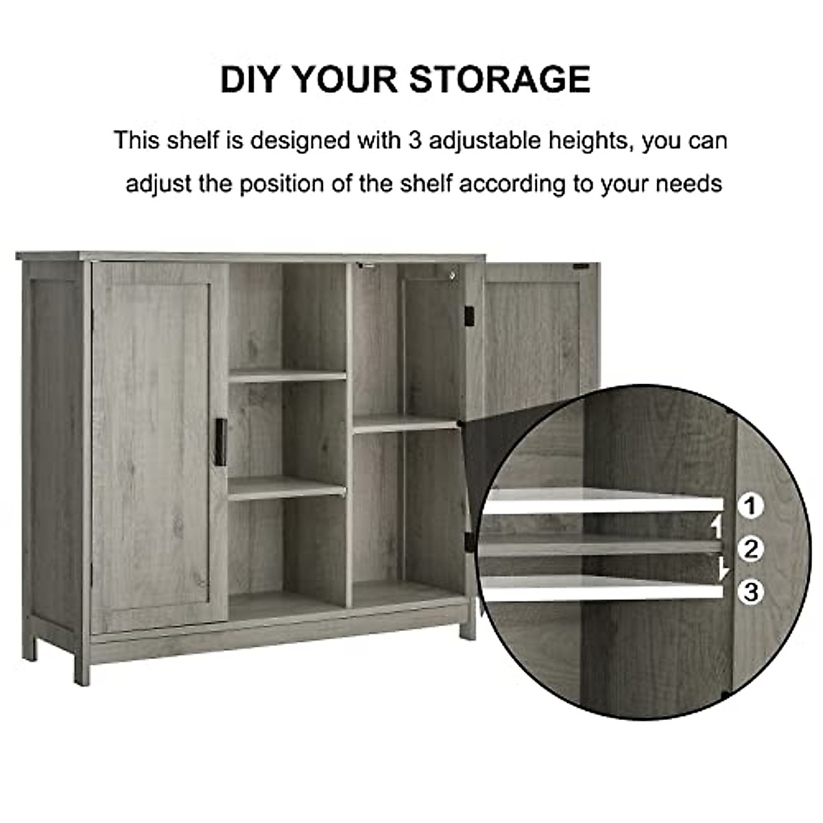 Iwell Floor Storage Cabinet with 2 Doors and 2 Open Shelves, Wooden Buffet Cabinet, Freestanding Cabinet for Kitchen, Living Room, Hallway, Grey