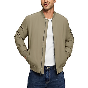 TBMPOY Men's Bomber Jacket Lightweight Winter Windbreaker Zip Up Padded Softshell Windproof Water-Resistant Casual Fall Coat Khaki L