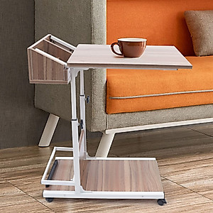 MhdunueSK C Shaped End Table with Lockable Universal Wheels,Rolling Sofa Side Table with Storage Wooden Snack Side Table Mobile Couch Table,55-80Cm Adjustable Height Range
