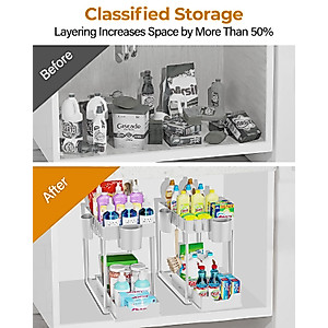 DILEASIR Under Sink Organizers and Storage Bathroom 2Pack, 2 Tier Kicthen Cabinet Basket Organizer, with Hooks, Hanging Cup, Dividers, Handles, Multi-purpose Under Sink Shelf Organizer, White
