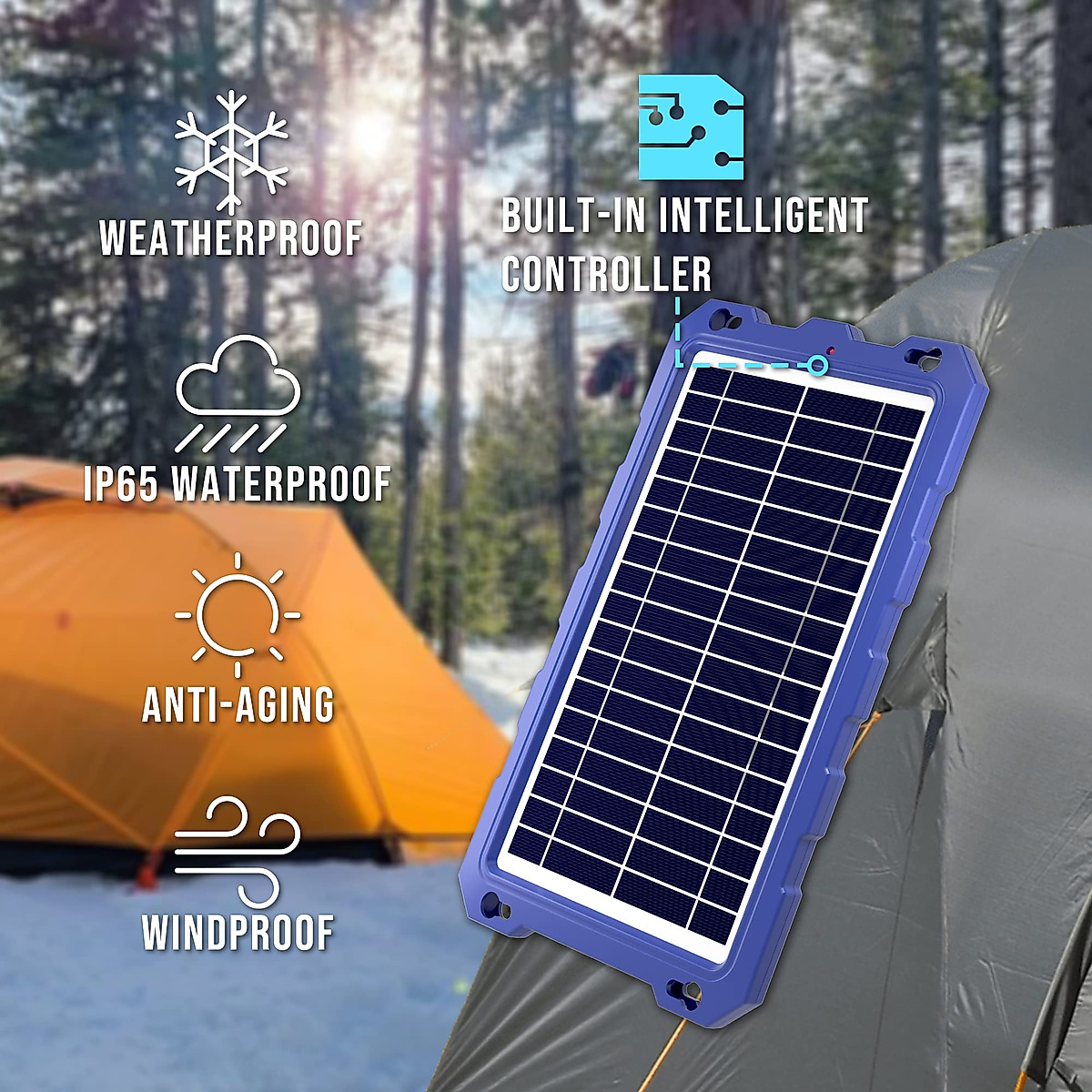 POWOXI 10W 12V Solar Battery Charger& Maintainer，Waterproof Solar Panel Trickle Charger with Cigarette Lighter & Alligator Clips for Car, RV, Boat, Motor, Lawn Mower（Blue）