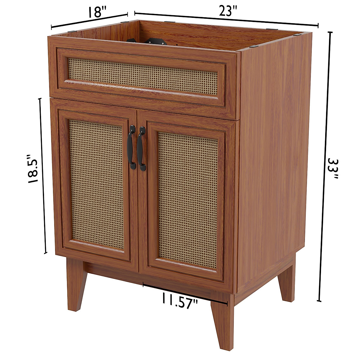 JONATHAN Y VAN1009B Javer 24 in. W x 18 in. D x 33 in. H Rattan Modern Farmhouse 2-Shelf Bath Vanity Cabinet Only (Sink Basin not Included), Walnut