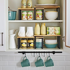 YONDERLIVICE Cabinet Shelf Organizers, Set of 2 Stackable Cabinet Organizers, Kitchen Counter Organizer, Expandable Spice Racks, Metal and Bamboo, Black and Natural