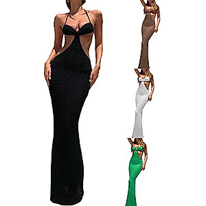 Fladdswed Women Summer Sexy Dresses Sleeveless Backless Bodycon Cutout Strap Dress Casual Party Y2K Mixi Long Streetwear (Green-E-Cutout, L)