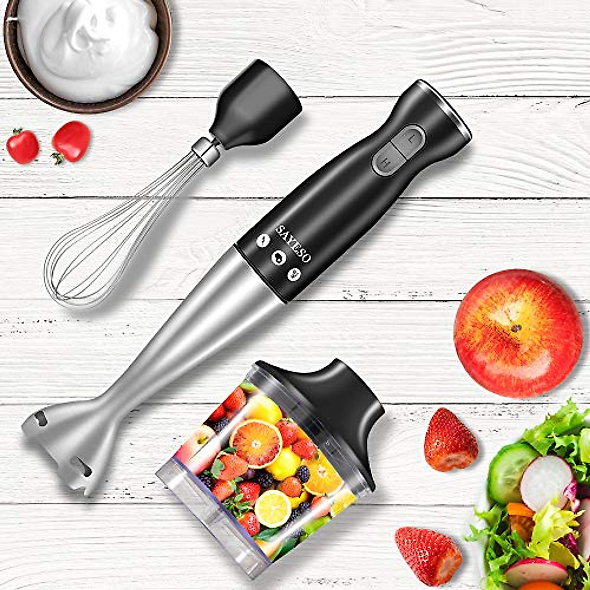 SAYESO Hand Blender, (New Version) 4-in-1 Multifunctional Electric Immersion Blender with Ballon Whisk, 16oz Chopper Bowl and BPA-Free Beaker for Baby Food, Shakes, Smoothies, Sauces, Soup and More