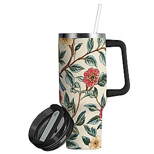 Selerdon 40 oz Tumbler Flowers Birds with Handle and Straw Lid Vacuum Stainless Steel Insulated Water Bottle Travel Mug Car Cup Holder Friendly BPA Free for Gym Travel Office
