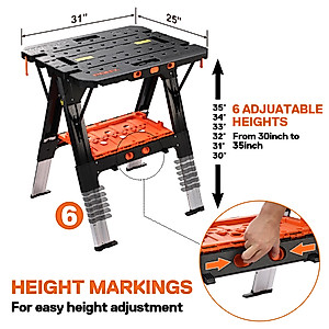 Pony Portable Folding Work Table, 2-in-1 as Sawhorse & Workbench, 31” W×25” D×25”-35”H, Large Load Capacity with 4pcs Clamps, 4pcs Bench Dogs