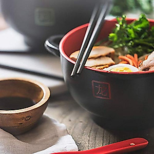Japanese Ceramic Ramen Bowl Set - Ramen Noodles Bowl with Chopsticks & Soup Spoon - Red Dragon Japanese Food Dish Set - Asian Food Serving Dishes - Gift Set - Pho Soup Bowl - Asian Rice Bowls - 42 oz