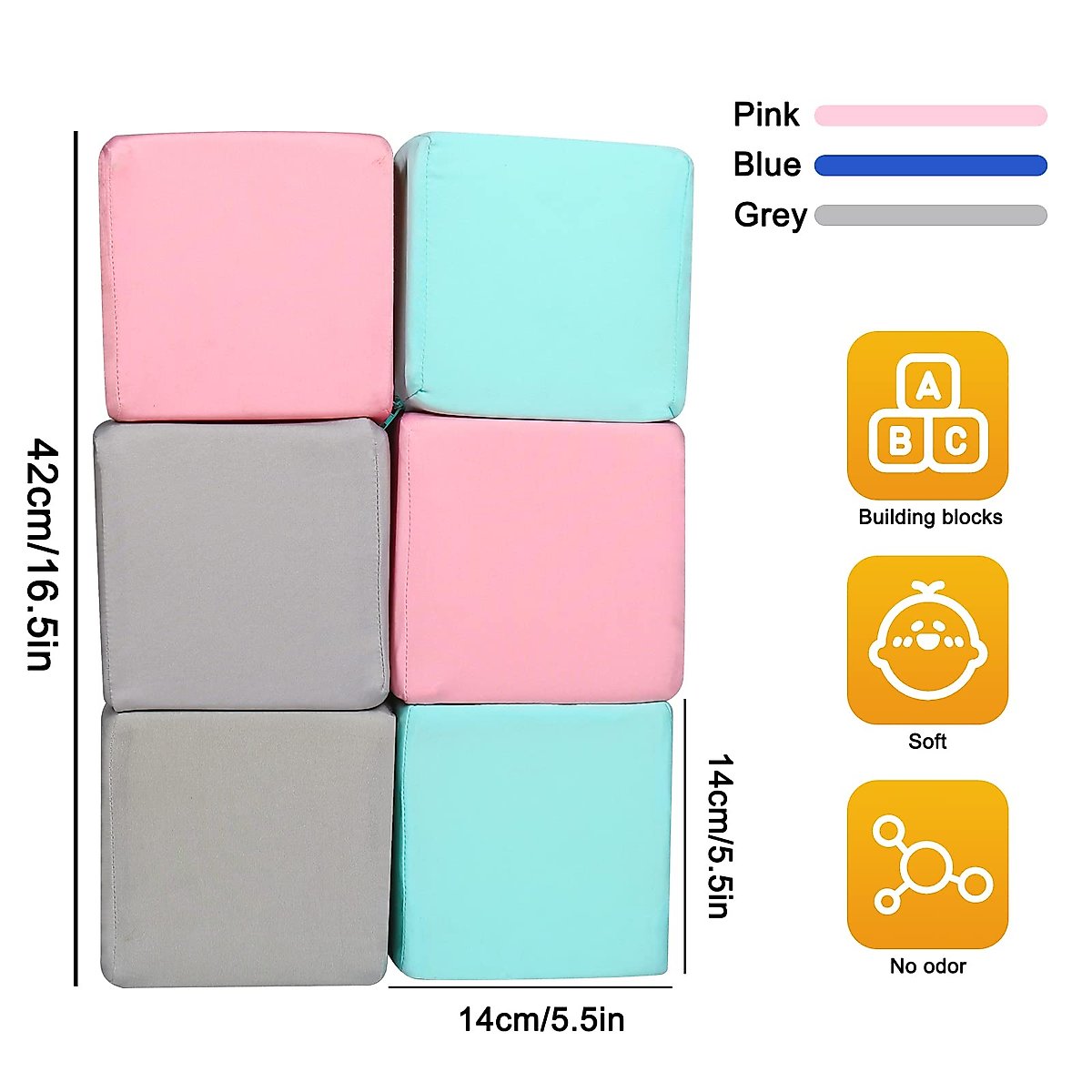 TRENDBOX Toddler Foam Cubes, 12 Pcs 5.5inch Soft Foam Blocks with Detachable Washable Cover, Soft Stacking Blocks for Baby（Light Gray/Pink/Blue