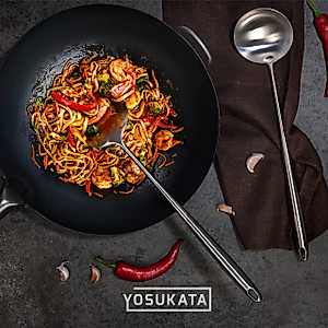 YOSUKATA Silver Round Bottom Wok Pan – 14" Woks and Stir Fry Pans 17’’ Wok Spatula and Ladle - Set of 2 Heat-Resistant Wok Tools - Universal Wok Ladle Flat Bottom Pow Wok
