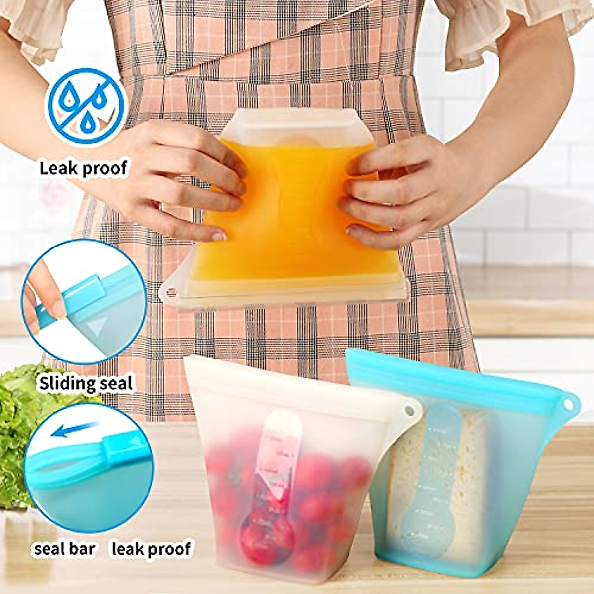 Reusable Silicone Food Storage Bags,Stand Up Leakproof Zip Containers,Reusable Sandwich Bags,Non-Toxic,BPA Free, Dishwasher Safe,Freezer-Safe,Easy to Clean（Set of 5）