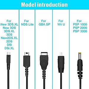 ＲＵＥＩＵＲＩ 2 Pack 5 in 1 USB Charger Cable for DS Lite/Wii U/New 3DS XL,3DS XL,2DS,Dsi XL,NDS/GBA SP(Gameboy Advance sp),PSP 1000 2000 3000