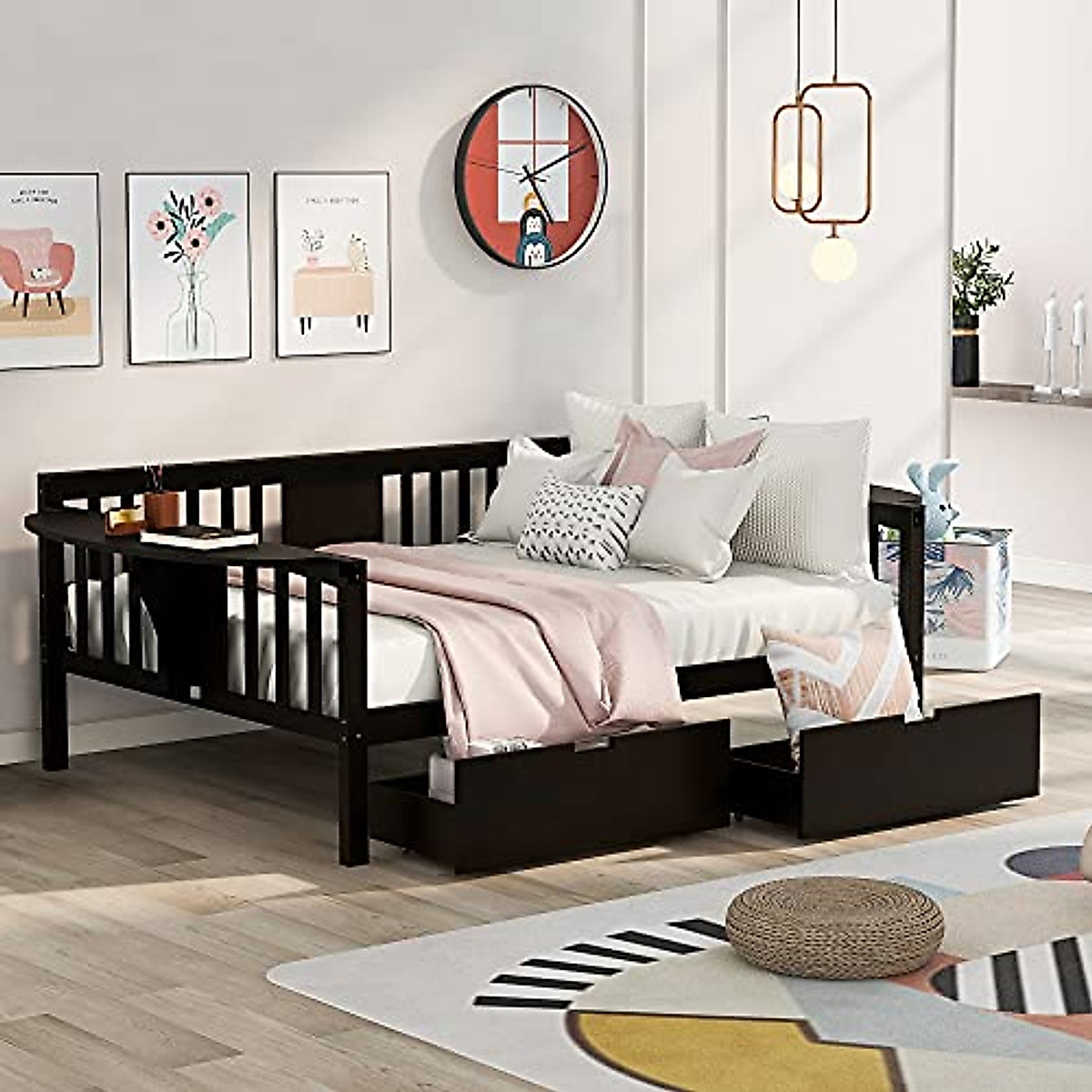 ODC Full Daybed with 2 Storage Drawers, Solid Wood Daybed Frame with Foldable Tables, Multi-Functional Sofa Bed, Daybed for Kids/Guest Bedroom, No Box Spring Required