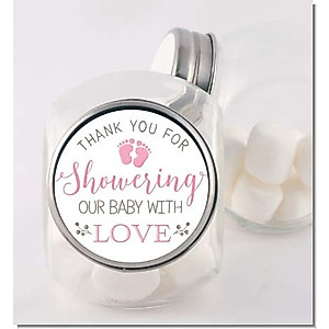 Baby Shower Stickers | Pink | Thank You for Showering Our Baby with Love | 48 Stickers - 1.67 Inches Round | Baby Shower Stickers for Girls | Pitter Patter - Tiny Baby Feet Baby Shower Labels