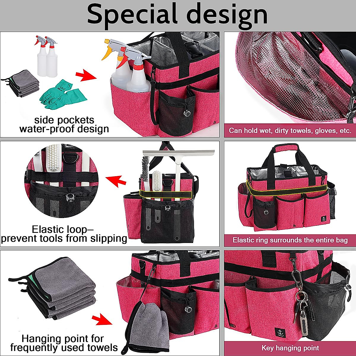 Timoxi Large Cleaning Caddy Bag Built-in Sturdy Support Board, Cleaning Organizer with Detachable Divider, Cleaning Supply Tote with Adjustable Shoulder Strap&Waist belt for Cleaners & Housekeeper