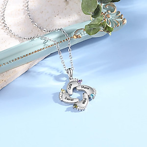 Ashleymade Customized Name Necklace with Baby Feet Pendant Mom necklace with kids names with Simulated Birthstones Necklace for Women (4 names)