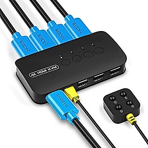 4K HDMI KVM Switch, 4 Port HDMI USB Switch for 4 Computer Share a 4K@30Hz Monitor and 3 USB Device Keyboard Mouse Printer, Including 4 KVM Cables