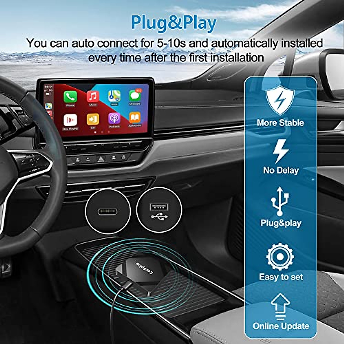Geohyecc Wireless CarPlay Adapter for iPhone,2023 Newest Apple CarPlay Wireless Dongle for OEM Factory CarPlay Cars,Built-in 5G Chip&5.8 GHZ WiFi Rate,Auto Connect No Delay Online Update,Plug&Play