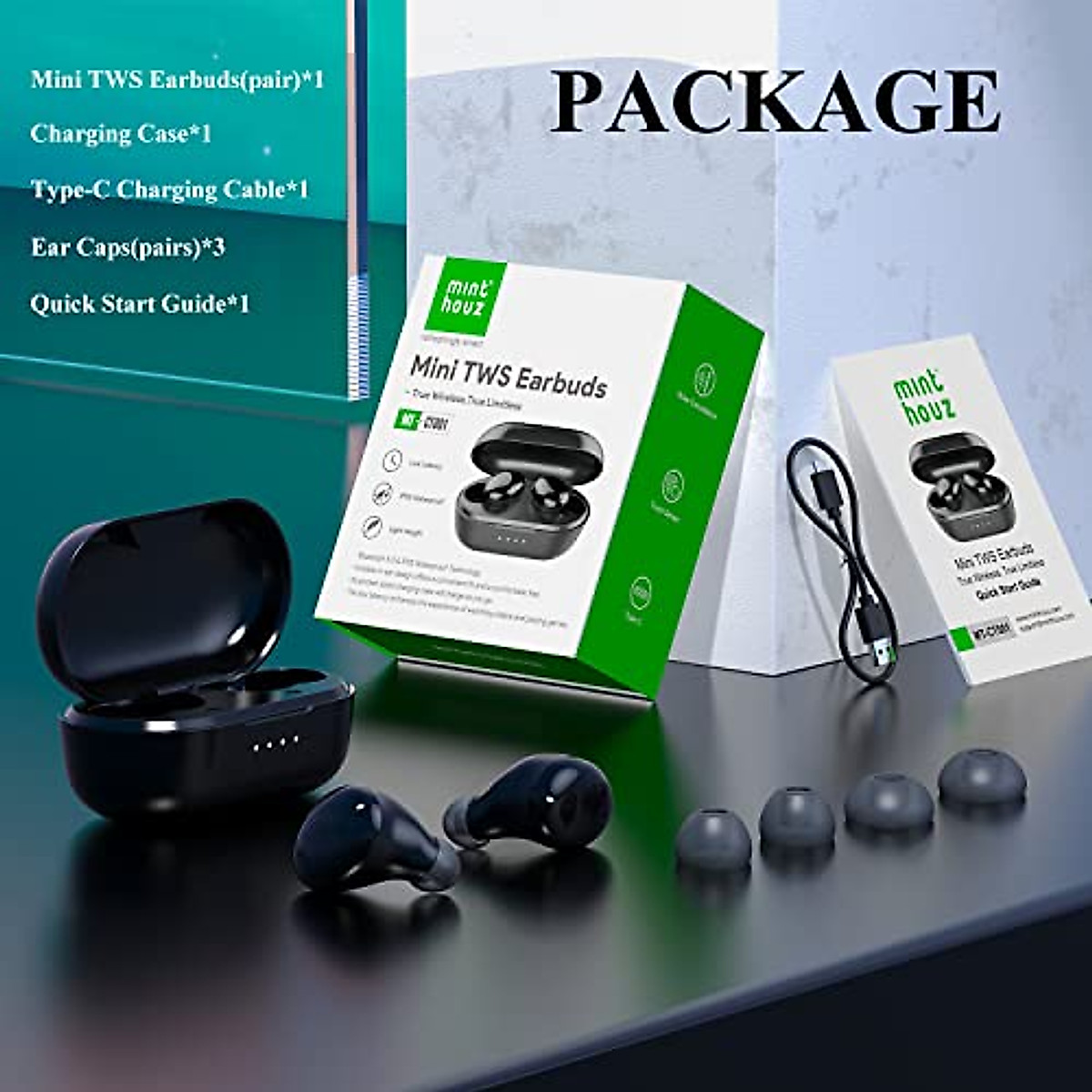 Minthouz Wireless Earbuds Bluetooth Headphones with 4 Microphones, 35H Playback Deep Bass Noise Cancelling Earbuds with IPX5 Waterproof, Mini Stereo Wireless Earphones for iPhone Android Sports -Black