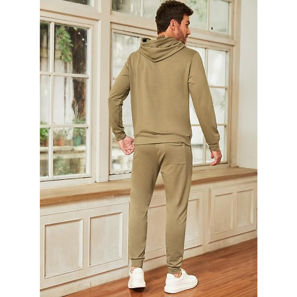 JMIERR Sweatsuits for Men Set 2 Piece Airport Outfits Long Sleeve Drawstring Hoodie Sweatshirt & Joggers Sweatpants with Pockets, Fall Tracksuit Matching Lounge Sets, Large, Khaki