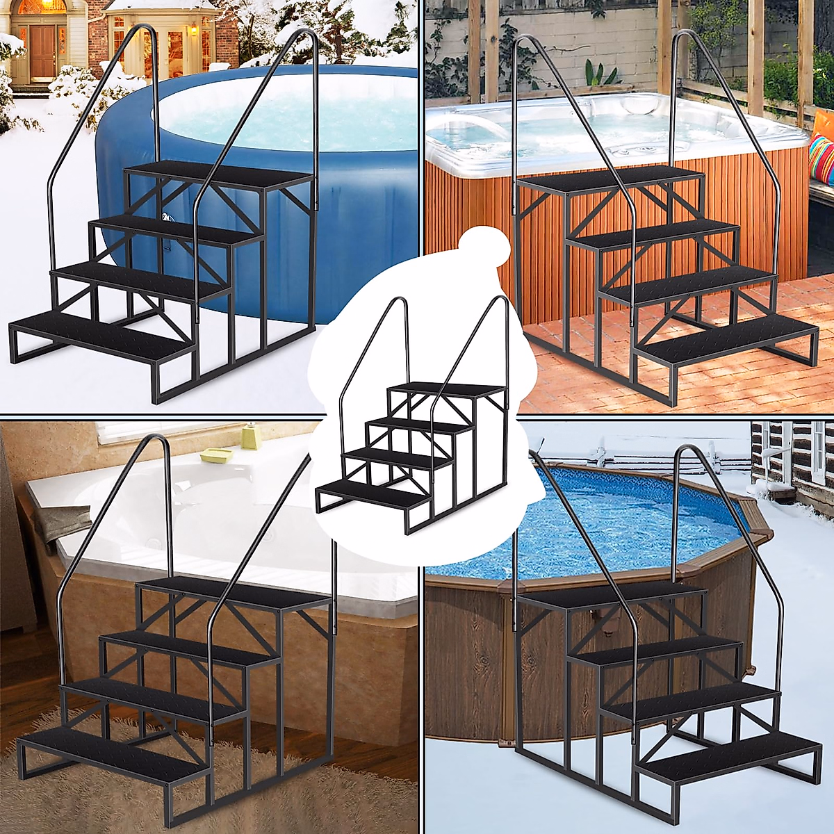Swimming Pool Ladder above Ground, RV Steps with Handrail, Heavy Duty Pool Step Hot Tub Steps, 660 lbs Weight Capacity Camper Step Stool Mobile Home Stair for Getting High (4 STEP, 2 HANDRAIL)
