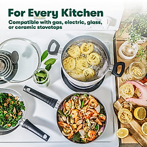 BELLA Nonstick Cookware Set with Glass Lids - Aluminum Bakeware, Pots and Pans, Storage Bowls & Utensils, Compatible with All Stovetops, 21 Piece, White