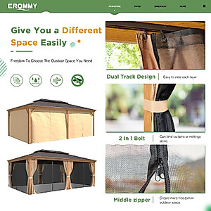 EROMMY 14' x 20' Hardtop Gazebo, Wooden Finish Coated Aluminum Frame Canopy with Double Galvanized Steel Roof, Outdoor Permanent Metal Pavilion with Curtains and Nettings for Patio, Backyard and Deck