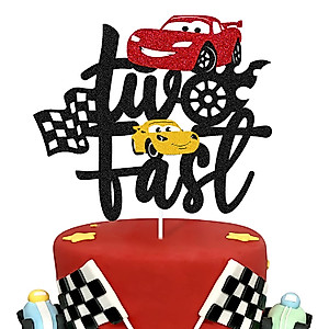 Two Fast Cake Topper Race Car 2nd Cake Decoration for Racing Car Checkered Flag Themed Kids Boy Girl 2 Years Old Happy 2s Birthday Party Supplies Double Sided