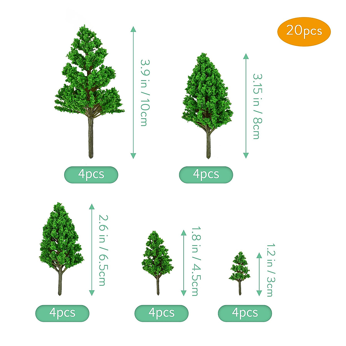 LUEYAO Mini Model Miniature Trees Mixed Train Scenery Architecture Trees Fake Trees for DIY Crafts Building Model Scenery Landscape Green 1.2-3.9 inch 20 PCS