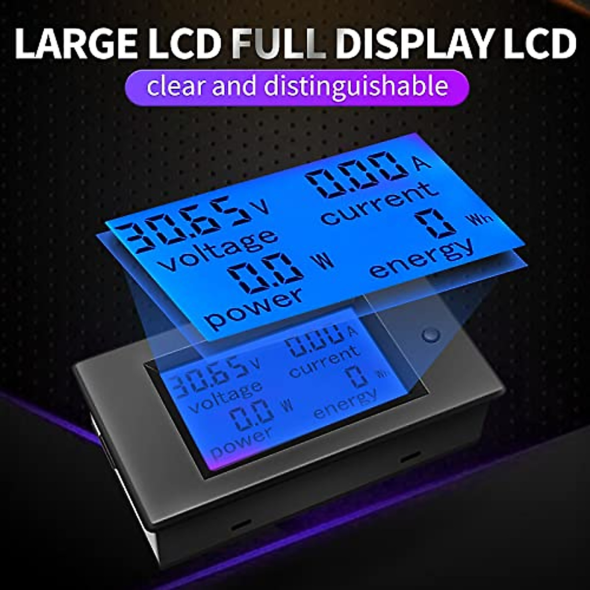 DC Multifunction Battery Monitor Meter, 6.5-100V, 0-100A (Widely Applied to 12V/24V/48V RV/Car Battery) LCD Display Digital Current Voltage Solar Power Meter Multimeter Voltmeter Ammeter