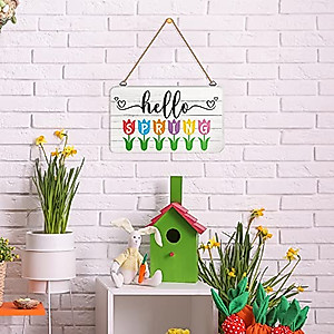 Hello Spring Wood Sign Farmhouse Tulips Spring Decor 9 x 5.3 Inch Spring Table Centerpiece Freestanding Wall Table Decor Wooden Cutout Tulips Spring Decoration for Home Dining Room (Spring)