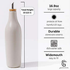 Grace Homewares Olive Oil Dispenser Bottle Stoneware Ceramic for EVOO or Vinegar | Modern Design | Large Capacity 16.9 ounce | Oil Container | Warm Grey