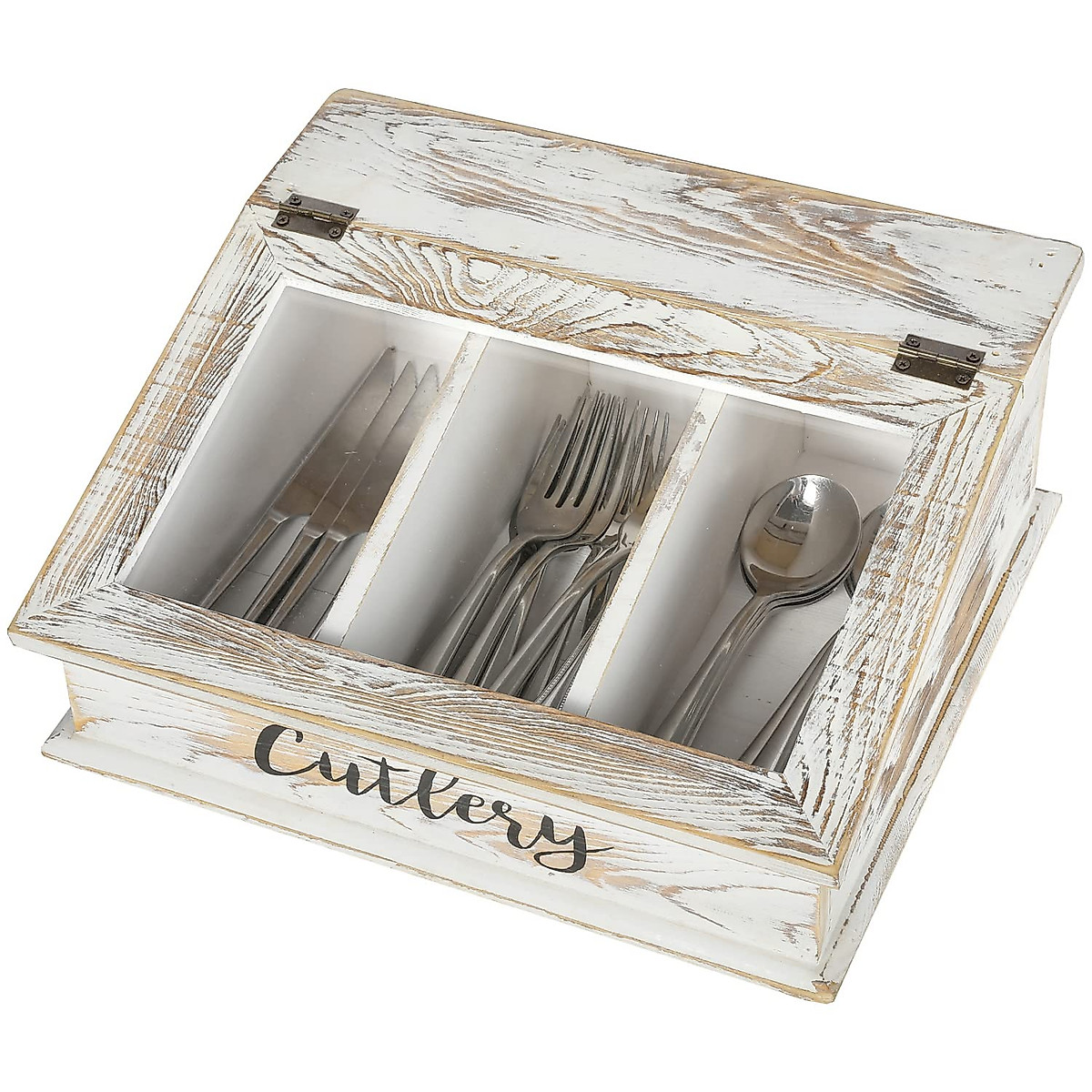 MyGift 3-Compartment Whitewashed Solid Wood Cutlery Tray Box Organizer with Clear Acrylic Hinged Lid & Black Cursive"CUTLERY" Label, Dining Utensil Holder