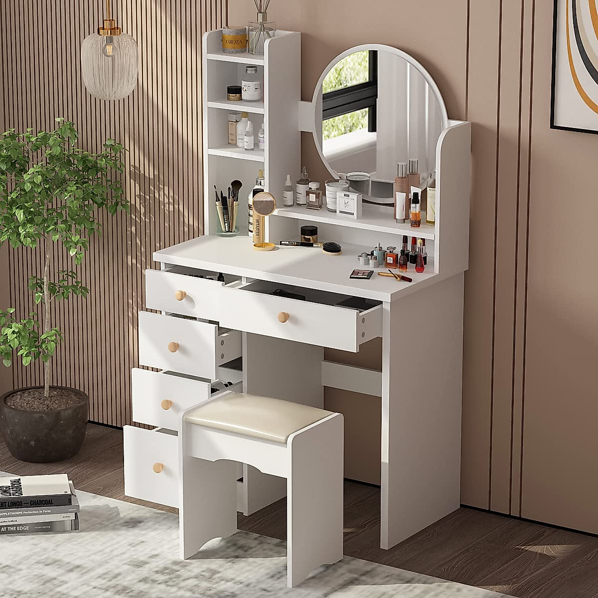 AGOTENI Makeup Vanity Set Dresser Desk with 5 Drawer and Shelf Round Mirror Dressing Table Vanity Set with Cushioned Stool for Bedroom, White