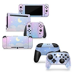 Tacky design Bundle Clouds Skin for Nintendo Switch & Clouds Skin for Pro Controller Set, Pastel Starry Blue Sky Vinyl 3m Stickers Moon Full wrap Cover