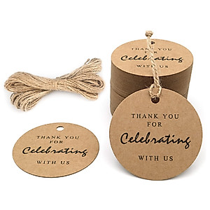 G2PLUS Thank You for Celebrating with Us Tags, 2.2'' Original Design Kraft Paper Gift Tag,100 PCS Thank You Present Tags with String for Gift Wrap,Wedding,Baby Shower, Holiday Party Favor (Brown)