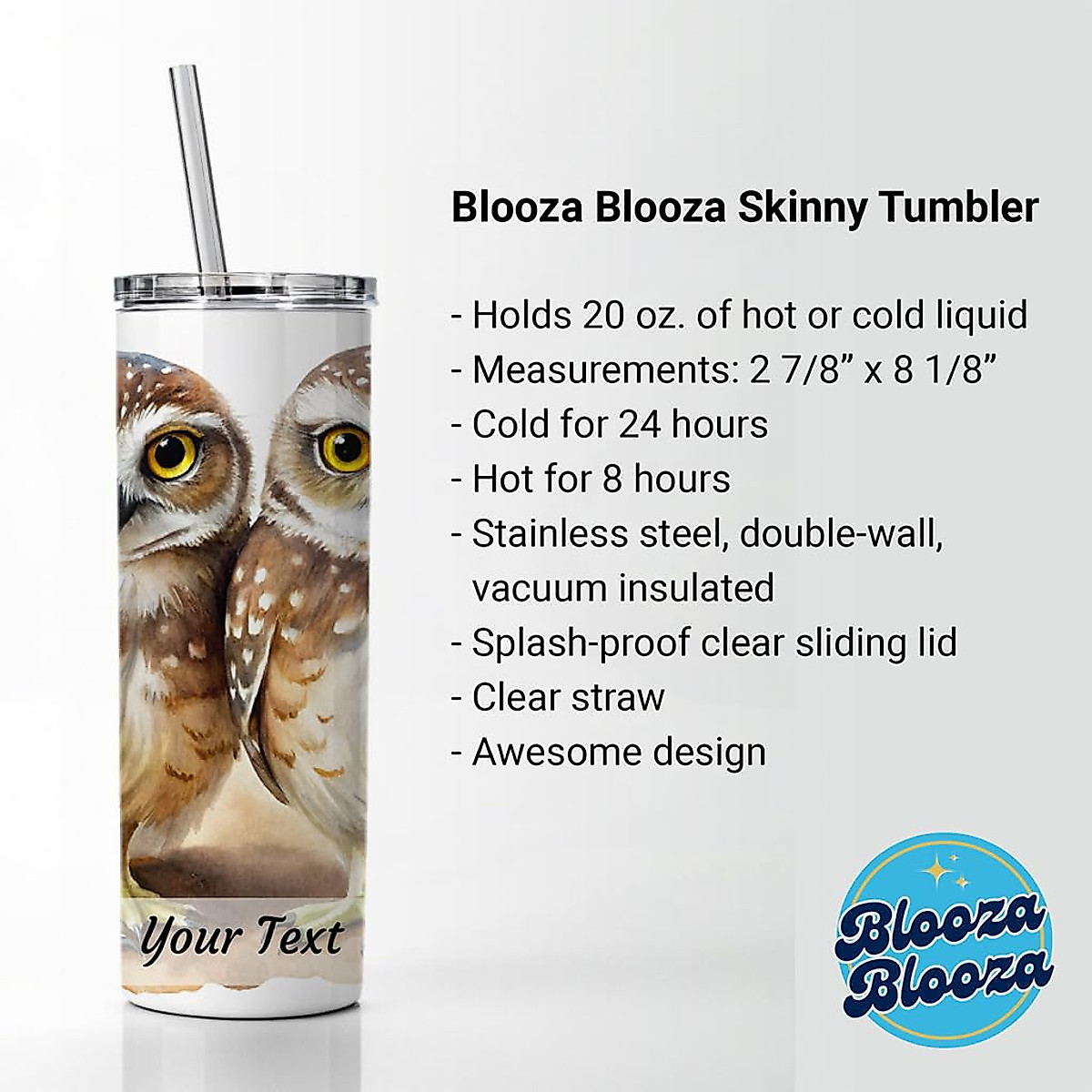 Personalized Custom Name Text Pair Of Burrowing Owls Bird Watercolor Skinny Tumbler 20oz with Straw Insulated Water Bottle Gift - 1 Line Horizontal