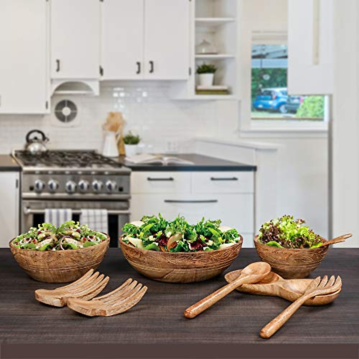 Winlay Wooden Serving Bowls with Spoon set 3 Mango Wooden Salad Bowl along with spoons and Salad Bowls mixer kitchen bowls Popcorn bowls 3 Size 10" x 7.75" x 6" Width, Burn Brown finish
