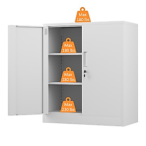 JINKUR Metal Storage Cabinet with Locking Doors and 2 Adjustable Shelves, Small Lockable Steel Storage Cabinets for Home Office Garage Kitchen Pantry (White)