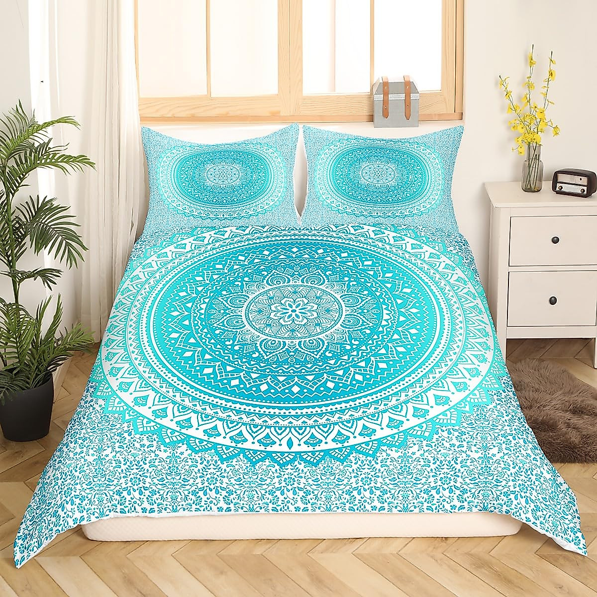 Castle Fairy Hippie Mandala Bedding Set,Teal Trippy Duvet Cover for Kids Teen Boys Girls,Bohemian Art Comforter Cover Decorative Room,Chic Exotic Quilt Cover with 2 Pillowcases,King Size
