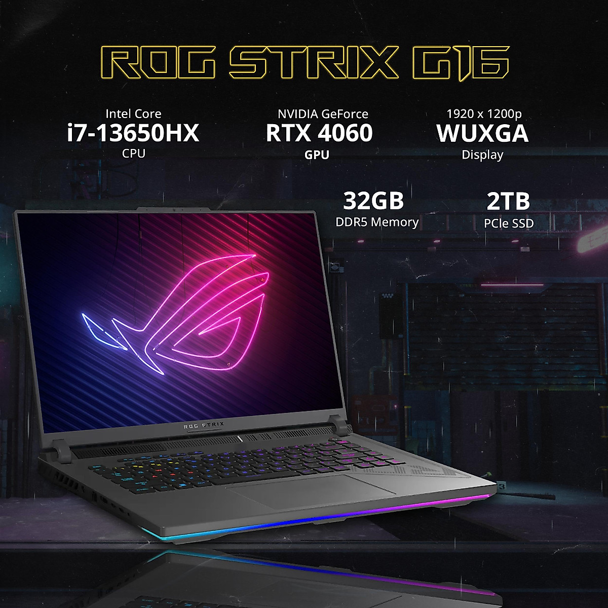 ASUS 2023 ROG Strix G16 16'' WUXGA 165Hz Gaming Laptop, Intel Core i7-13650HX, NVIDIA GeForce RTX 4060, 32GB DDR5 RAM, 2TB SSD, RGB 4zone Backlit Keyboard, Win 11Pro, Gray, 32GB SnowBell USB Card