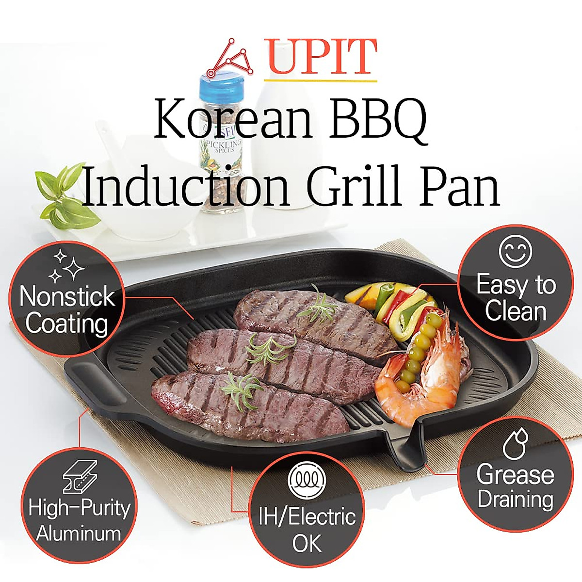 UPIT Korean BBQ Grill Pan - Induction Stovetop Compatible Aluminum Nonstick Indoor Skillet Portable Plate with Grease Draining Spout, 13-inch