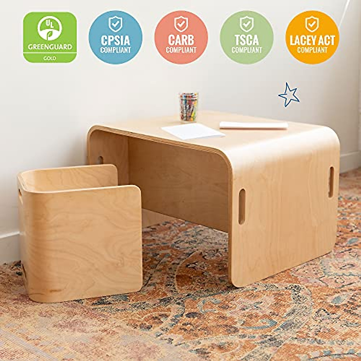 ECR4Kids Bentwood Multipurpose Table and Chair Set, Kids Furniture, Natural, 3-Piece