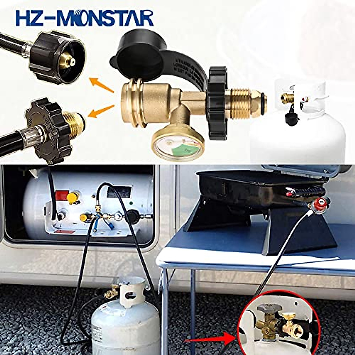 HZ-MONSTAR POL Propane Tank Adapter with Gauge Converts POL LP Tank Service Valve to QCC1/ Type1, Propane Refill Adapter Fits QCC1/ Type1 Propane Tank/ 1 lb Cylinder for RV Camper BBQ Gas Grill Heater