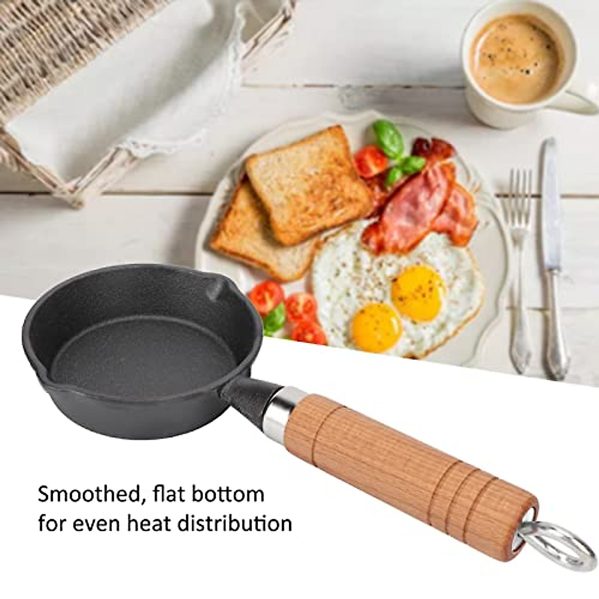 Topyond 10CM Casting Iron Grill Pan, Flat Bottomed Egg Frying Pan Even Heating Bbq Pan with Wood Handle for BBQ Cooking